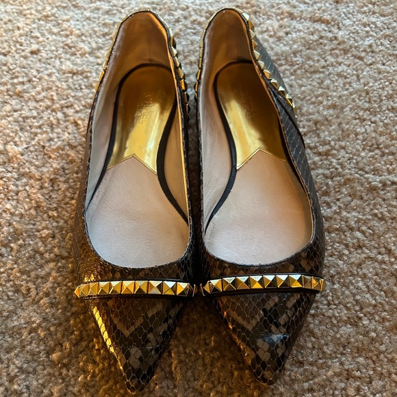 Michael Kors | Shoes | Michael Kors Point Toe Snakeskin Flats With Gold ...
